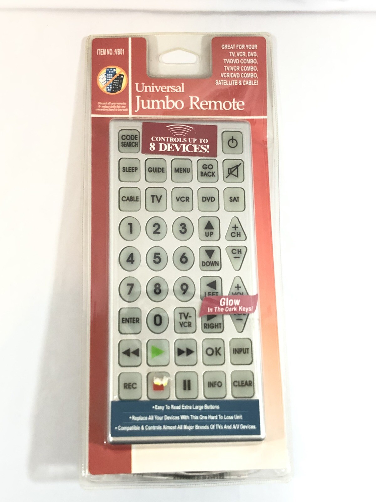 Universal Jumbo Remote Control 5 x 11 Jumbo Controls 8 Devices Glow in ...