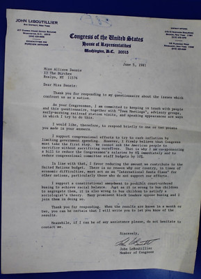 Signed John LeBoutillier-U.S. Congress Letterhead to Mrs. Allison ...