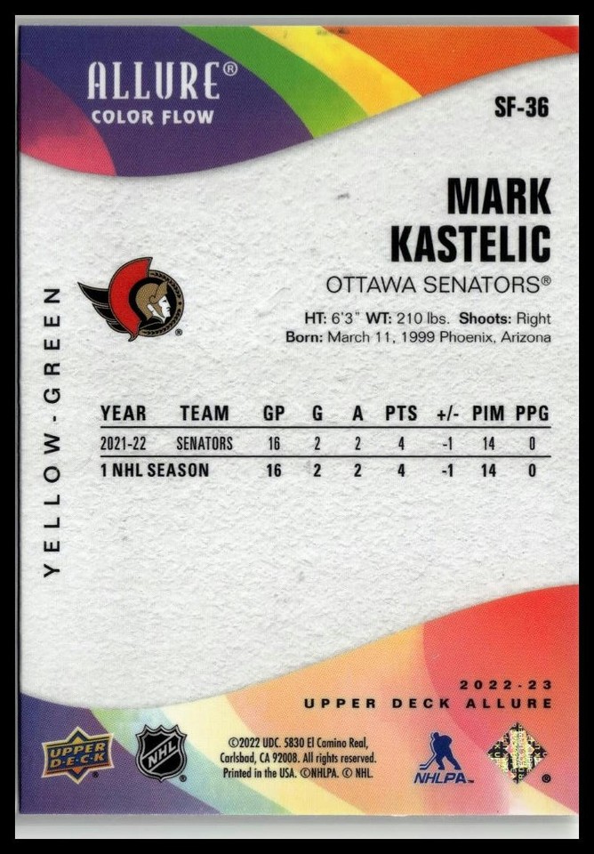 2022-23 Upper Deck Allure #SF-36 Mark Kastelic Color Flow Yellow-Green ...