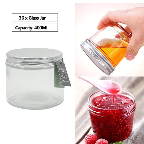 36 x Clear Glass Jar 400ml Silver Lid Kitchen Food Honey Jam Storage ...