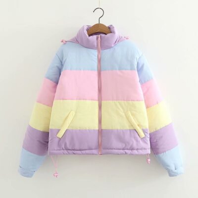 New Women Rainbow Pastel Color Jacket Parka Girl Harajuku Oversized ...