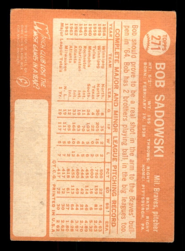 1964 Topps Baseball #271 Bob Sadowski GD *e1 | eBay