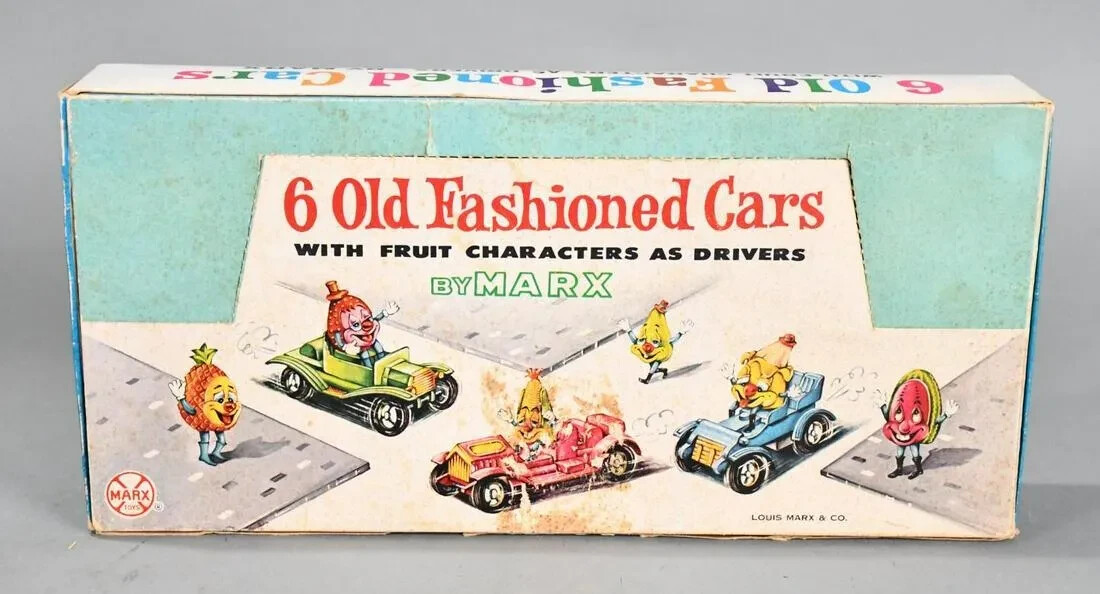 Vintage 1968 Marx 6 Old Fashioned Cars Fruit Character Drivers w ...