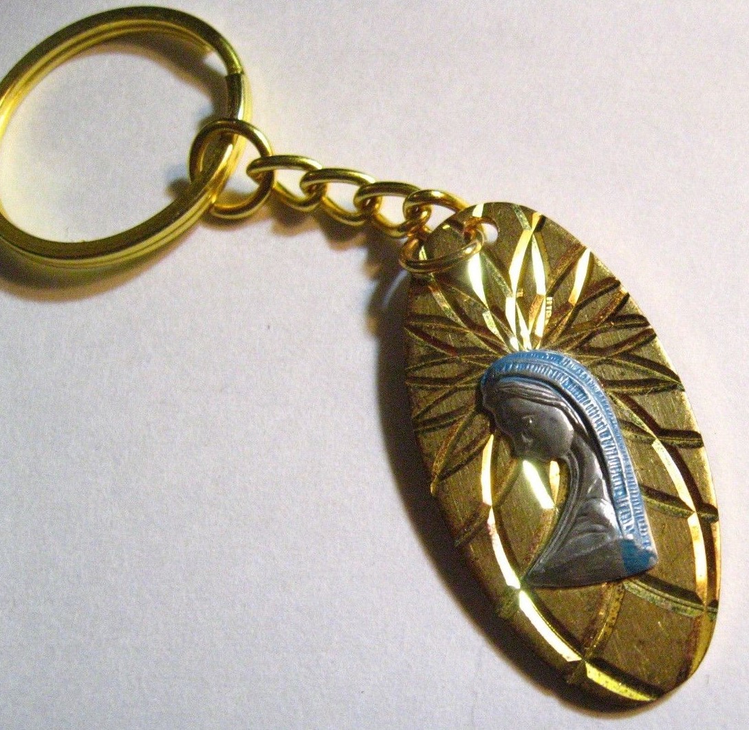 Virgin Mary Keychain - Vintage Holy Mother Madonna Blue Gold Oval Medal ...