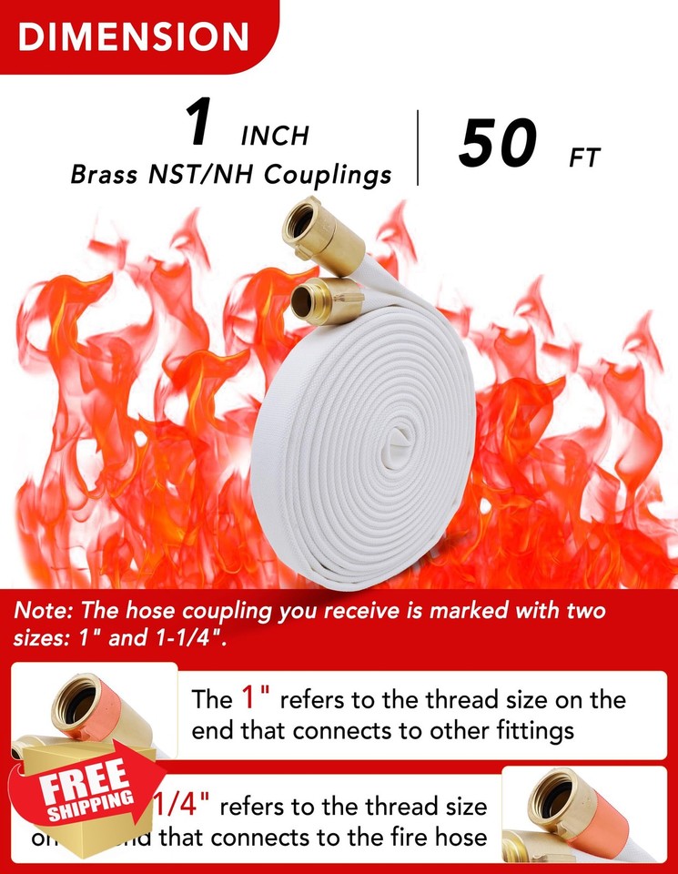 ZYfire 1"x50FT Fire Hose NST NH Brass Couplings | eBay