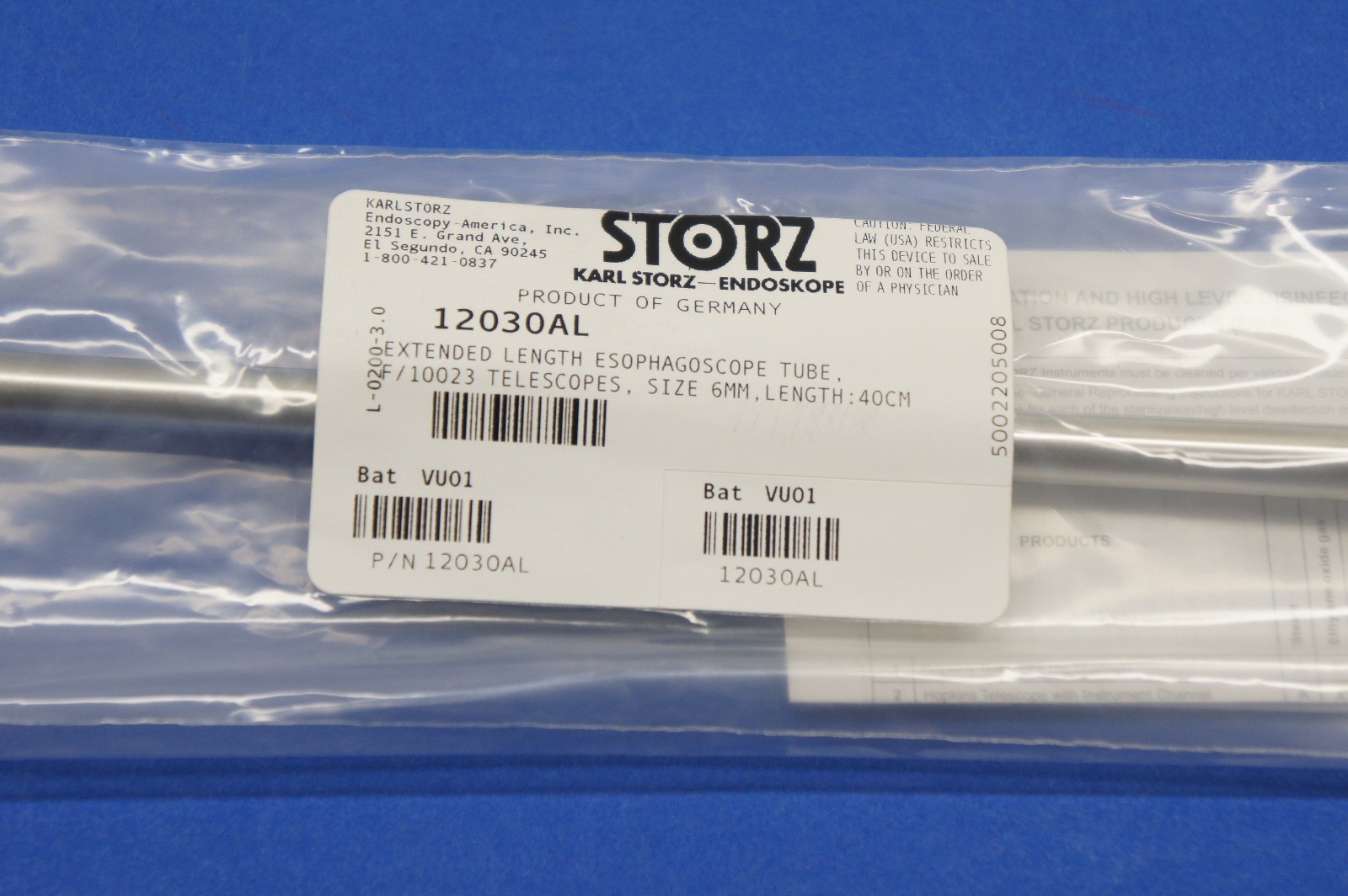 Karl Storz 12030AL Extended Length Esophagoscope Tube, For 10023 ...