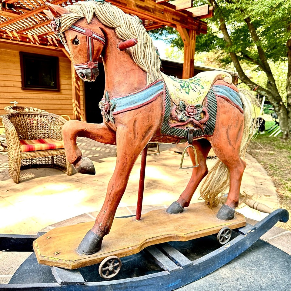 Vintage Solid Wood Carousel Rocking Horse Hand Crafted Painted Folk Art ...