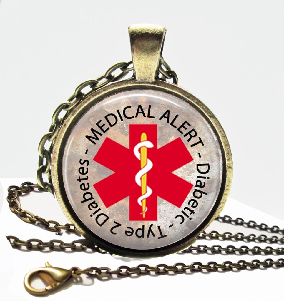 Diabetic Type 2 Diabetes Medical Alert Necklace Glass Top Pendant ...