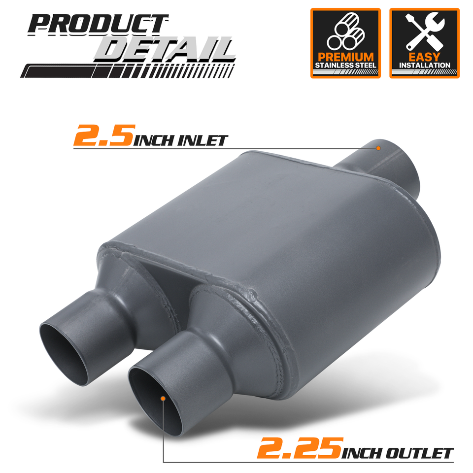 Grey 2.5"Center Inlet/Dual 2.25"Outlet Stainless Steel Chambered ...