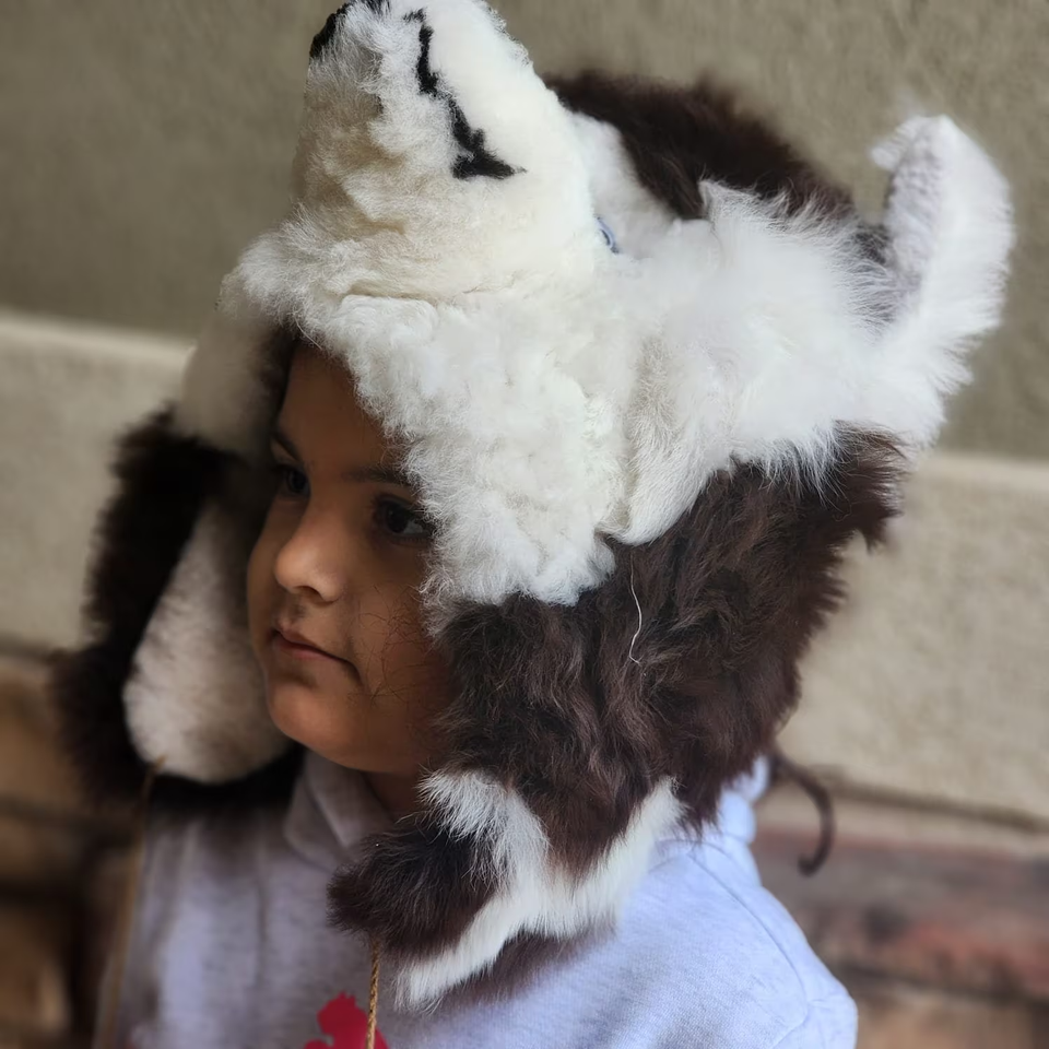 Handmade Fur Hat Baby Alpaca White and brown Peruvian Leather Winter ...