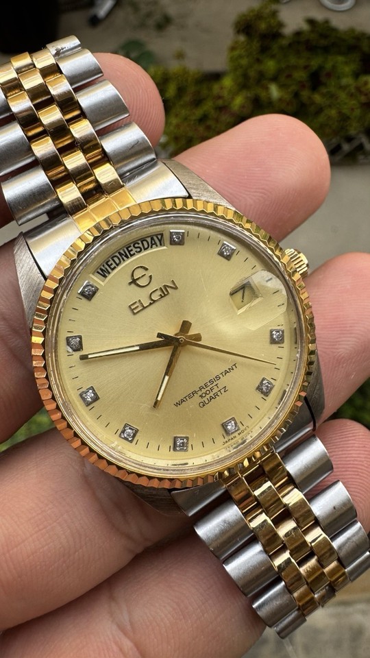 Vintage Elgin Mens Quartz Watch Diamond Dial Day/Date Two Tone New Batt ...