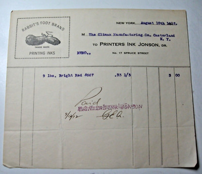August 10, 1912 Printers Ink Jonson Invoice Sent to Company in ...