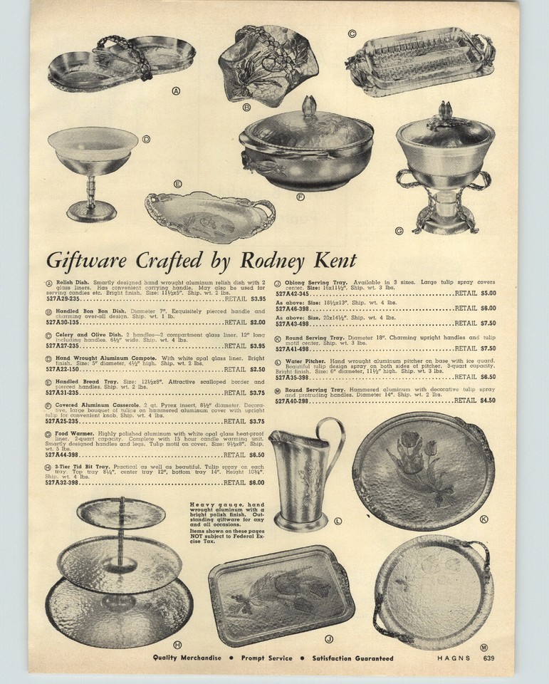 1958 PAPER AD 2 PG Rodney Kent Hand Wrought Aluminum Creations Serving ...