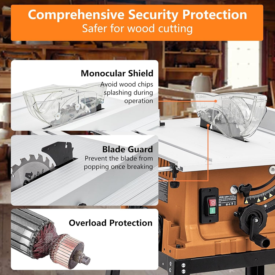 Table Saw, 10 Inch 15A Multifunctional Saw with Stand & Push Stick, 90 ...