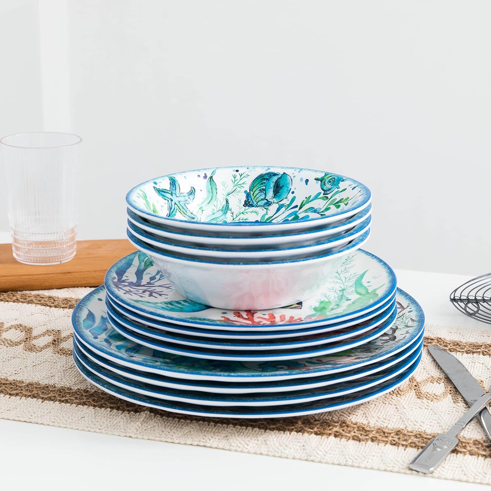 12-Piece Melamine Beach Dinnerware Set, Coastal Plates and Bowls Sets ...