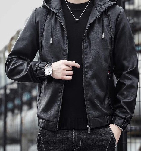 Mens Real Black Leather Bomber Hoodie Jacket Sports Fitted Zip Fasten ...