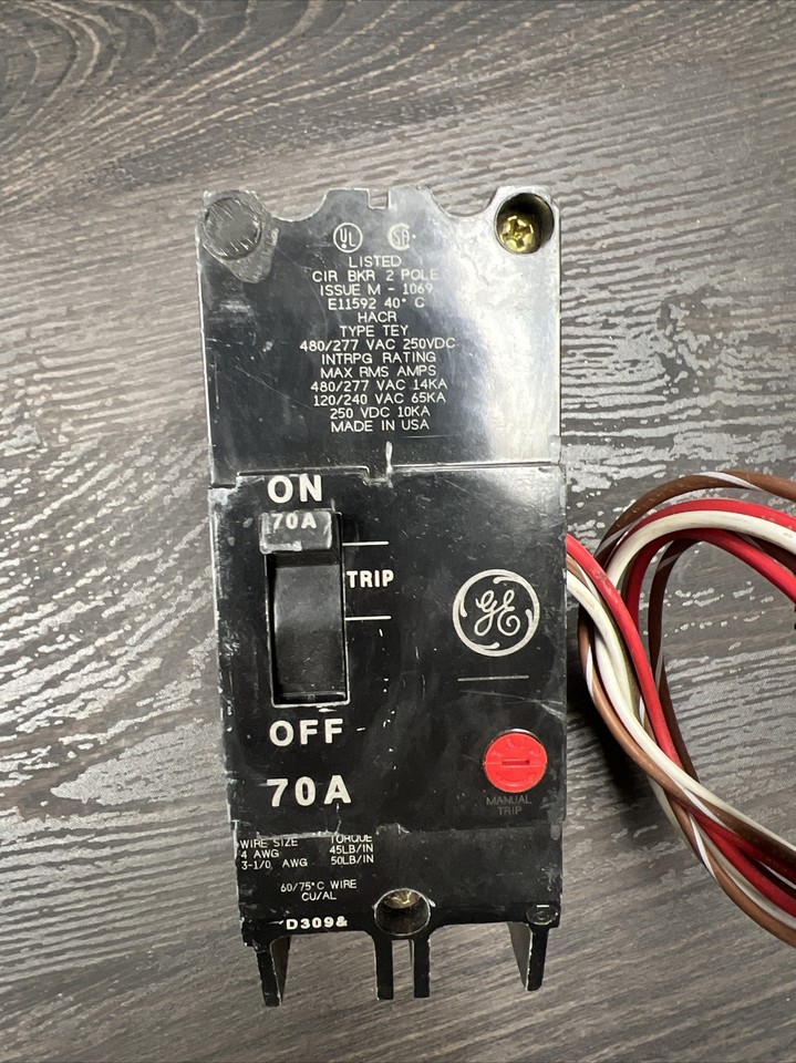 TEY270 GE 70 Amp 480V 2 Pole Bolt On Circuit Breaker TEYASAB Aux Switch ...