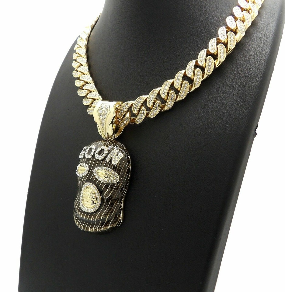 GOLD ICED MASKED GOON PENDANT & 12mm MIAMI CUBAN CHOKER NECKLACE | eBay