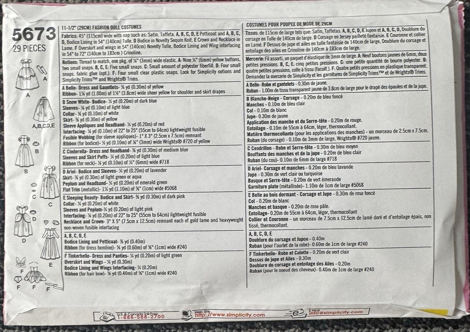 Simplicity Sewing Pattern 5673 Disney Princess, Size 11.5" Barbie Doll ...