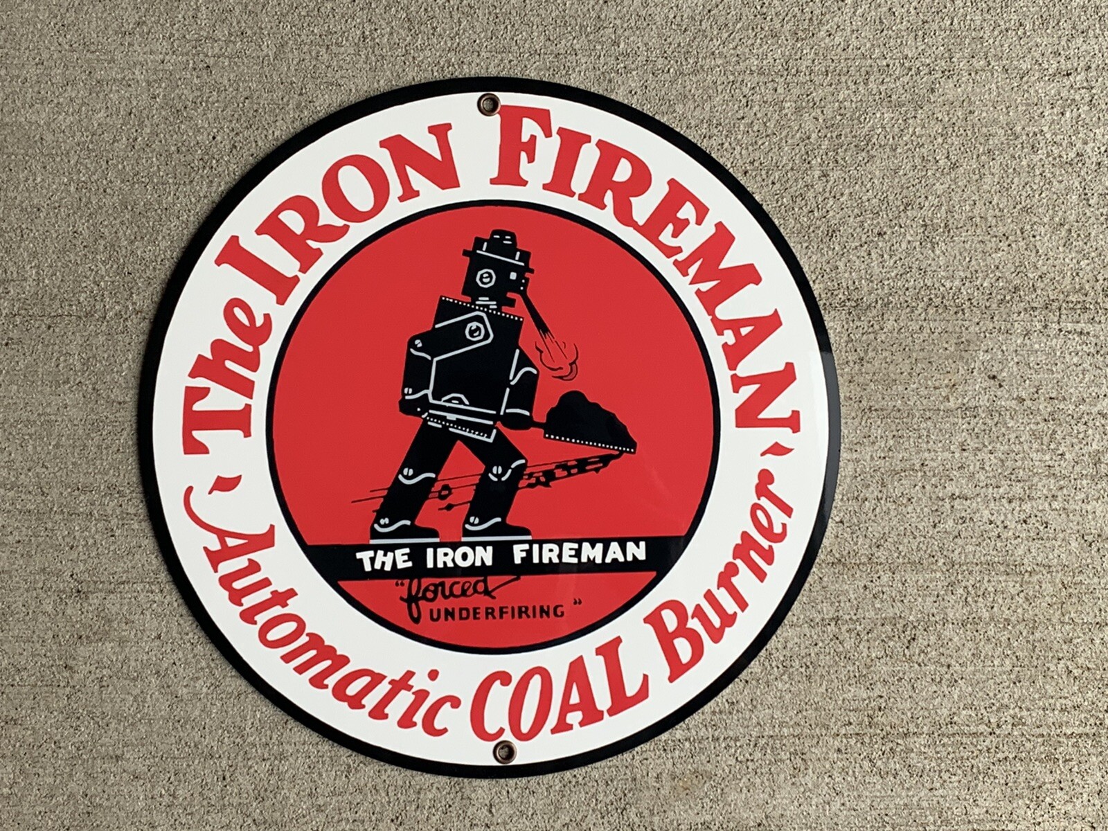 The Iron Fireman automatic Coal Burner vintage reproduction round metal ...