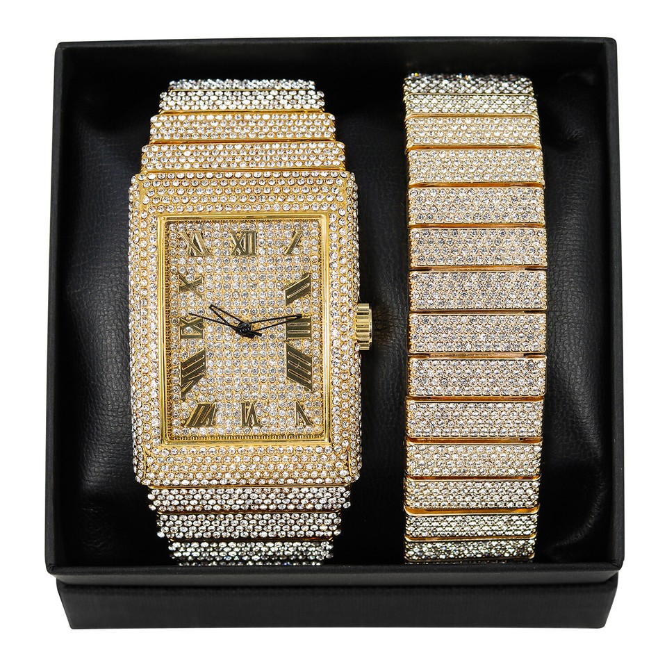 Men's Watch Square Round Luxury Chandelier Hip Hop Full Iced & Bracelet ...
