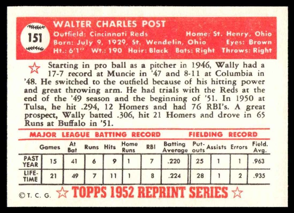 1983 Topps 1952 Reprint Series Wally Post Cincinnati Reds #151 | eBay