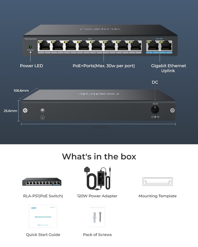 Reolink PoE PoE Switch with 8 PoE Ports 120W for Reolink NVR and PoE IP ...