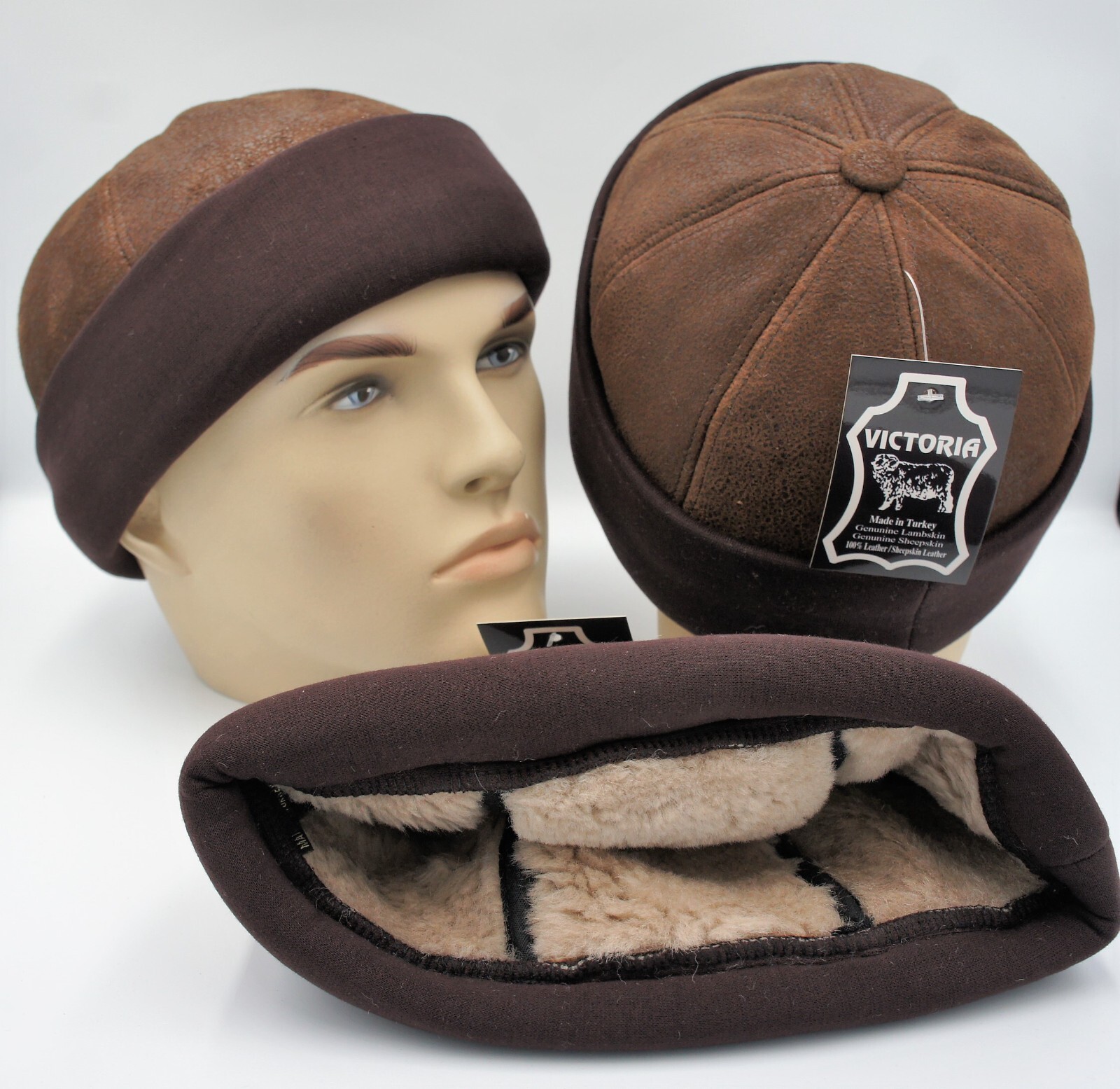 ESPRESSO Sheepskin Leather Fur Knit Beanie Cuff Round Bucket Winter Ski ...
