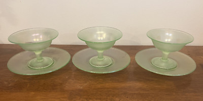 Set of 3 Vintage Green Uranium Stretch Glow Glass Footed Dessert Cup ...