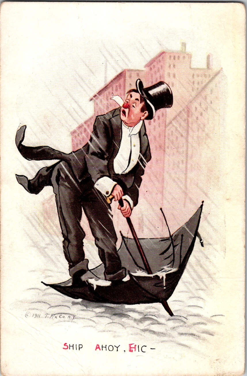 Humor Ship Ahoy Hic Drunk Man Top Hat Tux Trying To Open Umbrella Rain ...