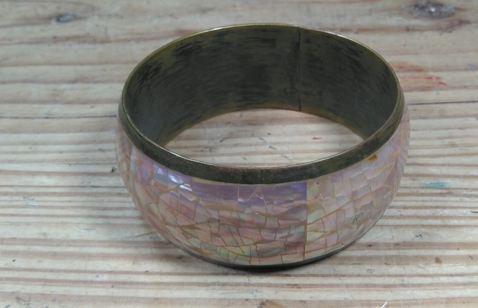 Iridescent Pink Mother of Pearl Shell Mosaic in Brass… - Gem