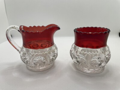 VIntage EAPG Clear & Ruby Flash Kings Crown Creamer & Sugar Set Sawtooth Edge | eBay