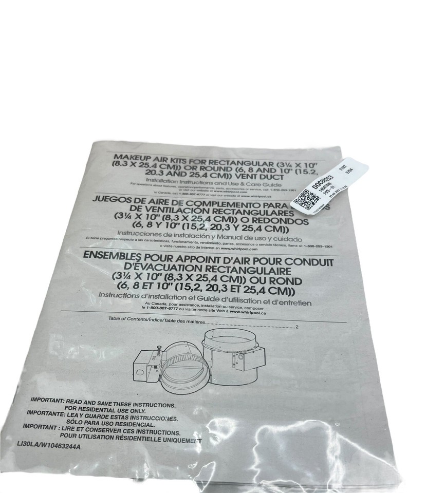 NEW Whirlpool W10446915 Range Hood Make Up Air Kit 6 inch Round Duct ...