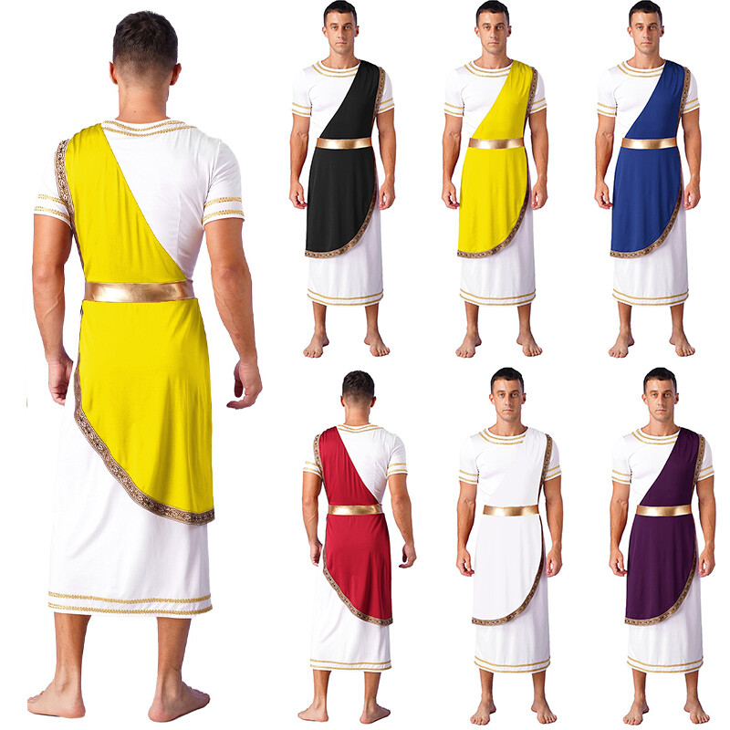 US Men Toga Greek God Costume Short Sleeve Roman Cosplay Robe Toga ...