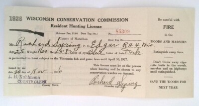 1926 Edgar Wisconsin Conservation Commission Resident Hunting License ...