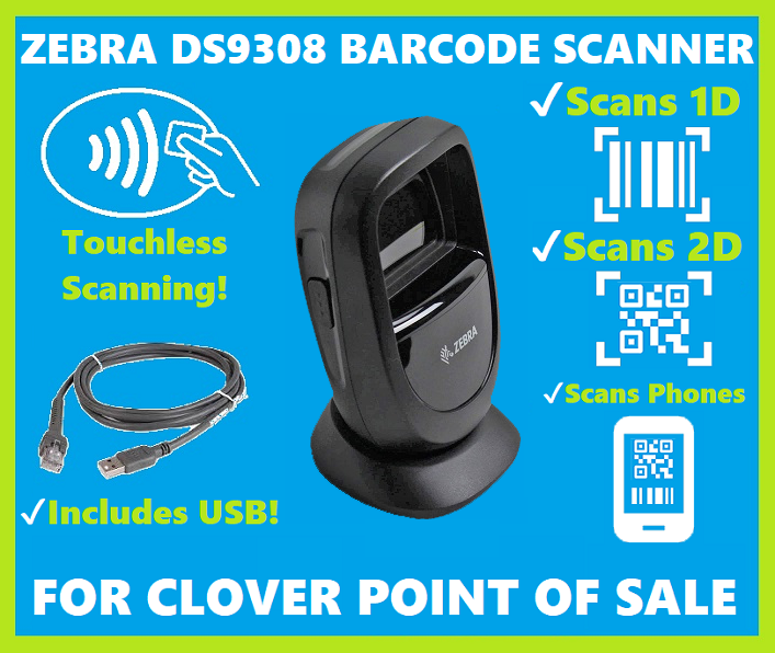 Clover Station/Mini Barcode Scanner; Zebra DS9308 2D/1D/QR HandsFree ...