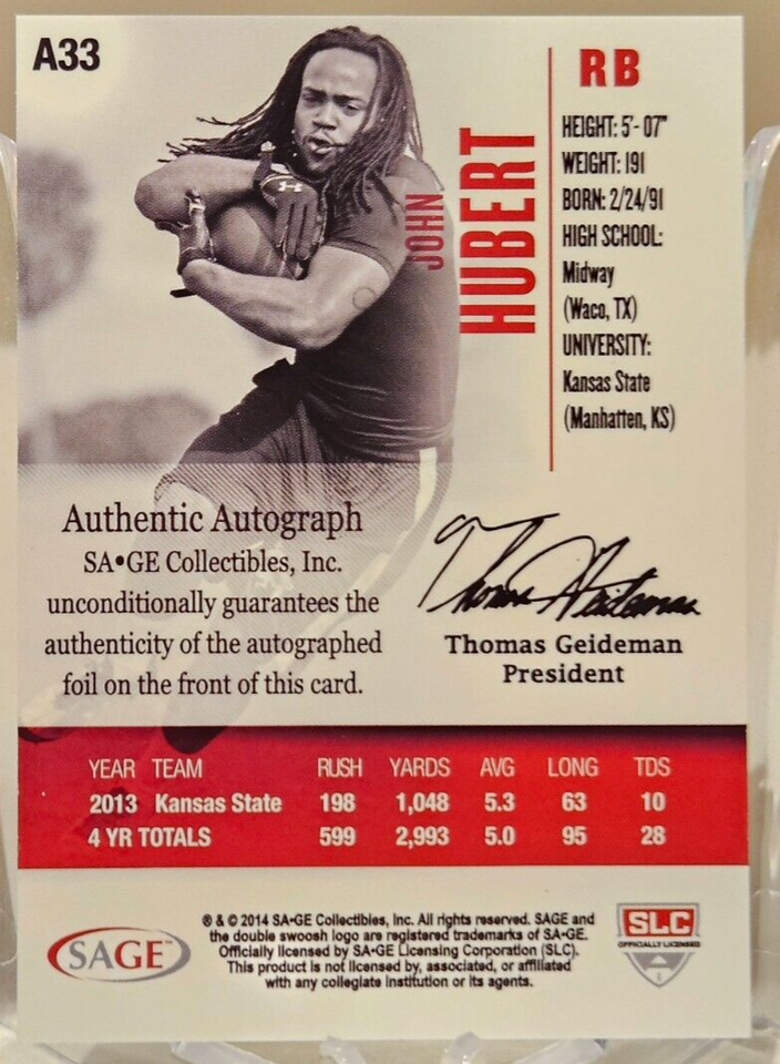 2014 Sage Hit JOHN HUBERT #A33 GOLD Rookie Auto #'D /250 | eBay
