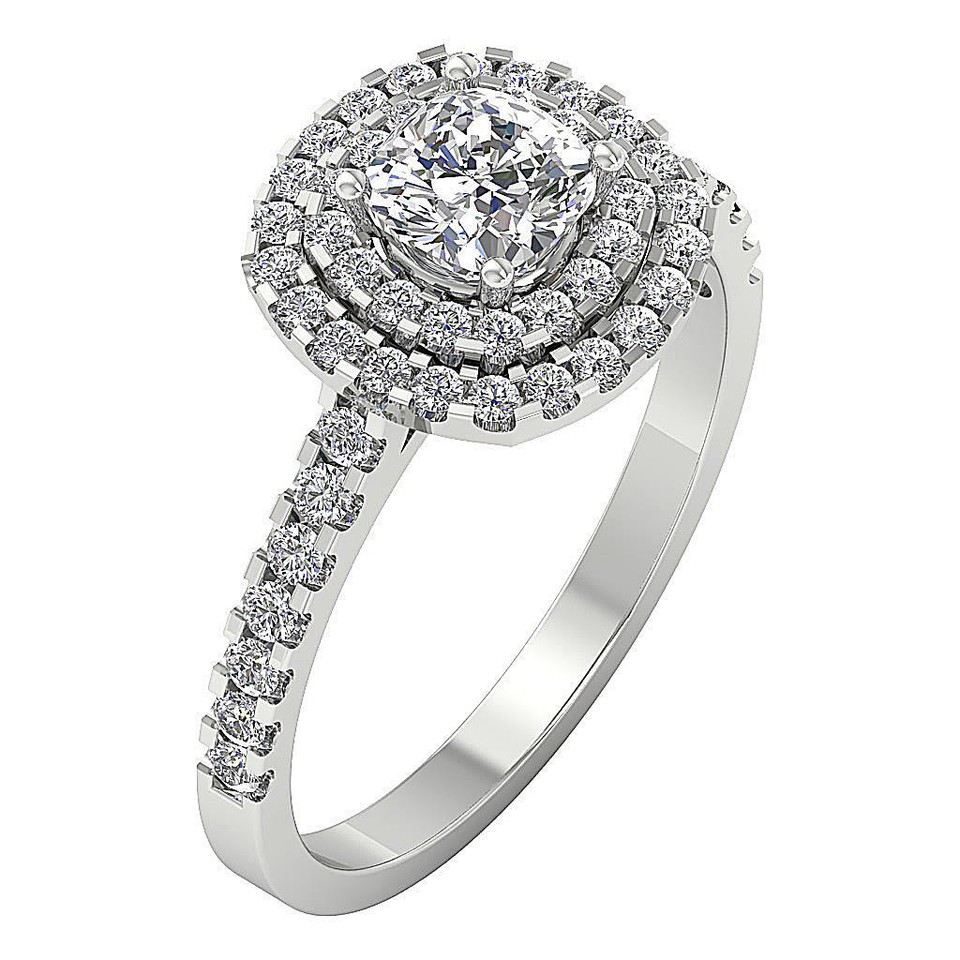 Solitaire Halo Engagement Ring I1 G 1.75 Ct Cushion Round Diamond 14K ...