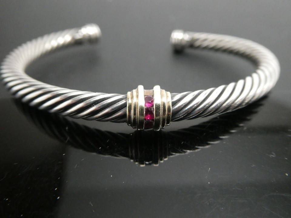 David Yurman RUBY Sterling Silver 925 & 14k YG 5mm Cuff Bracelet Size 6 ...