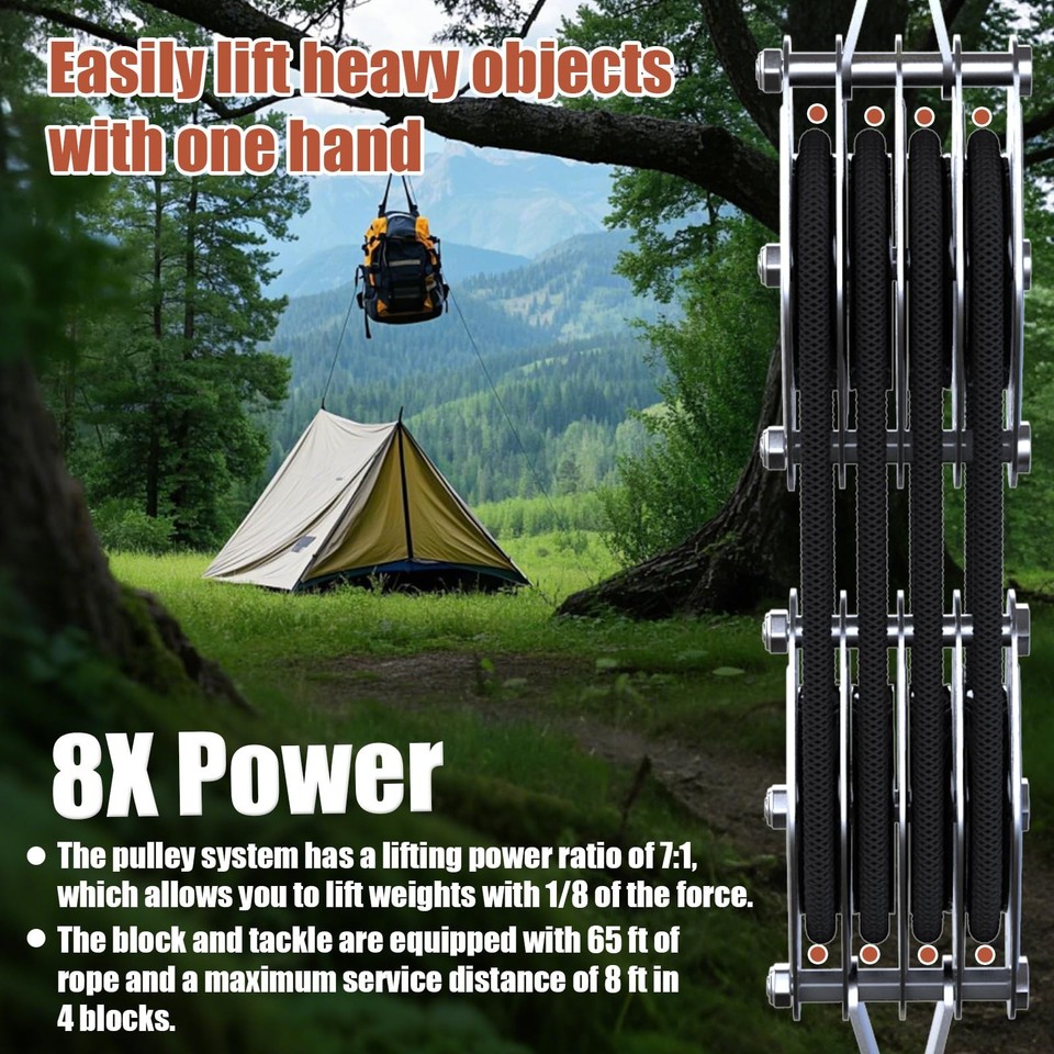Block and Tackle Pulley System Heavy-duty Pulleys Strong Ropes (Black-4 ...