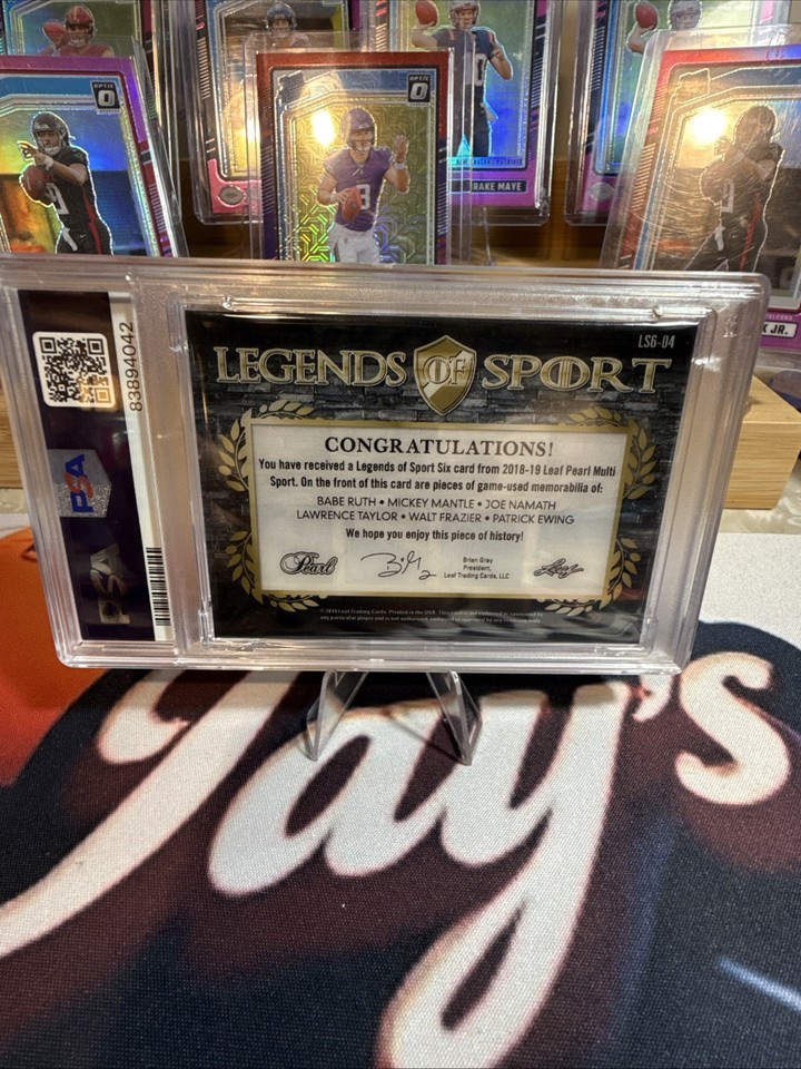 2018 Leaf Pearl Babe Ruth/Mantle/Namath/LT/Frazier/Ewing 1/2 Game Used ...