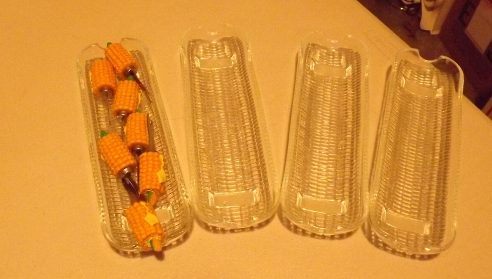 VINTAGE SET OF 4 SWEET CORN GLASS DISHES + 7 CORN HOLDERS X189 | eBay