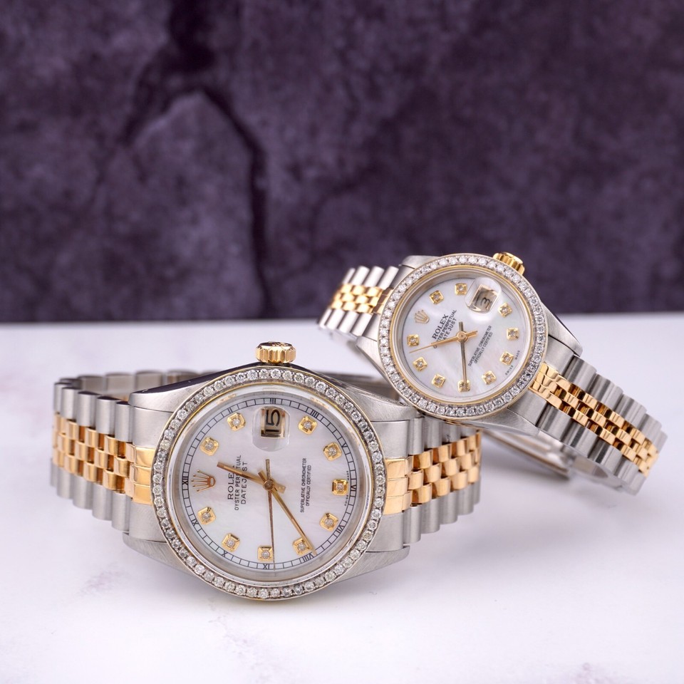 Rolex SET Datejust 26/36mm 18k Yellow Gold & Steel ICED 1.50ct Diamonds ...