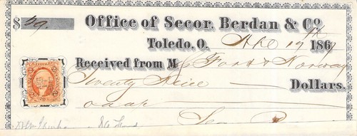 1867 SECOR BERDAN BANK DRAFT CHECK RECEIPT REVENUE STAMP | eBay