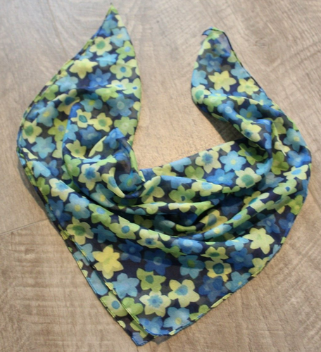 Lightweight Babushka Style Head Scarf 20" sq Green Blue Yellow Floral ...