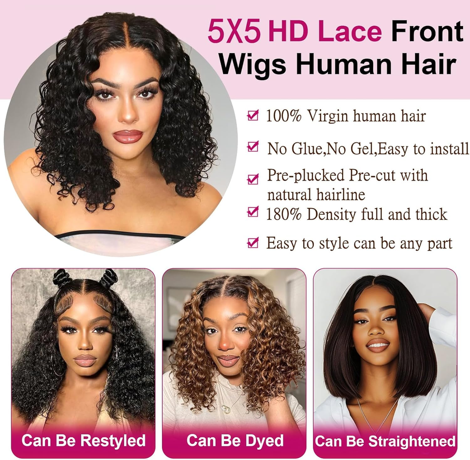 Deep Wave Glueless Bob Wig Human Hair 12 Inch 5X5 HD Lace Front Wigs ...
