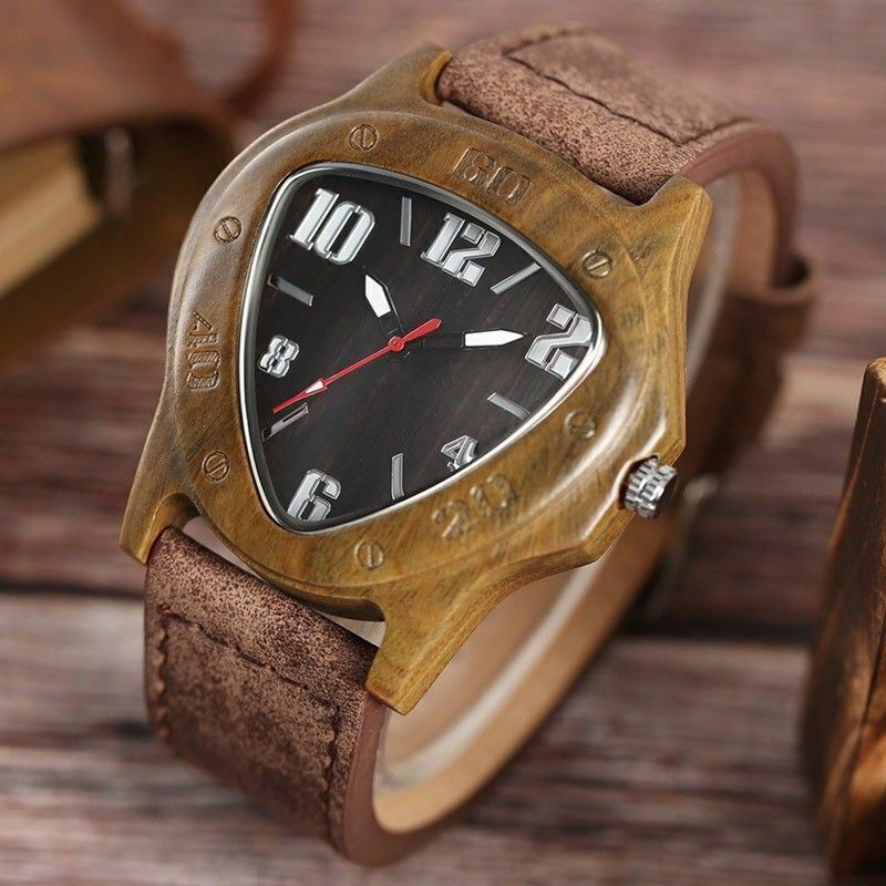Men's Wooden Wrist Watch Leather Band Natural Triangle Wood Dial Quartz ...