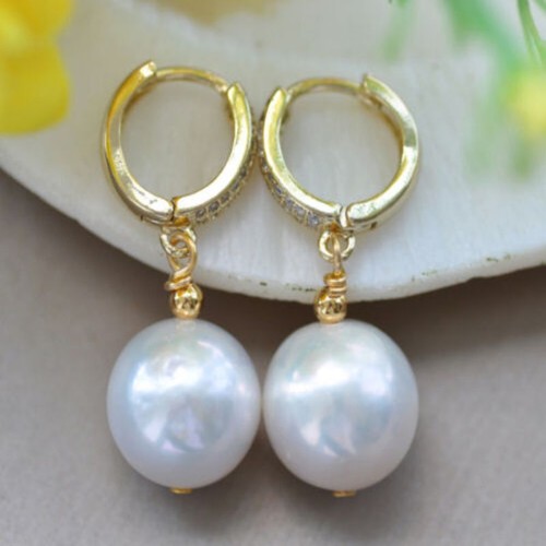 A++ 14mm White Round Shell pearl Dangle Earring Clip-on Wedding Ear ...