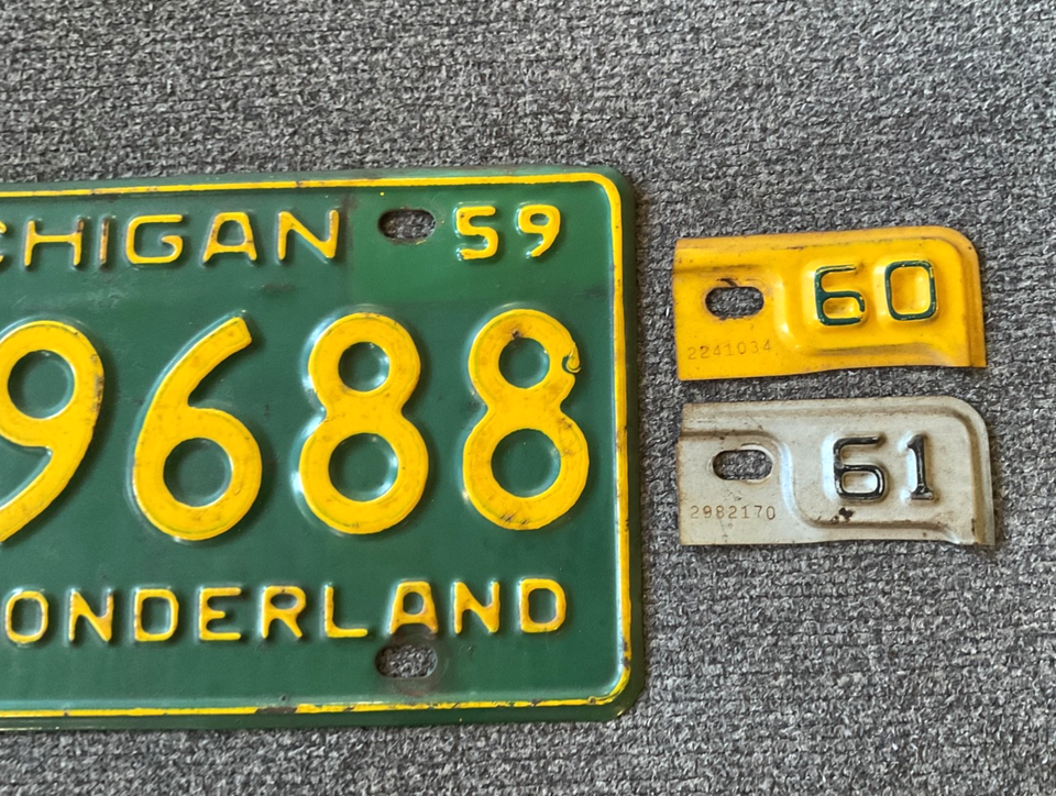 RARE 1959 WITH 1960 AND 1961 TAB MICHIGAN LICENSE PLATE ALL ORIGINAL ...