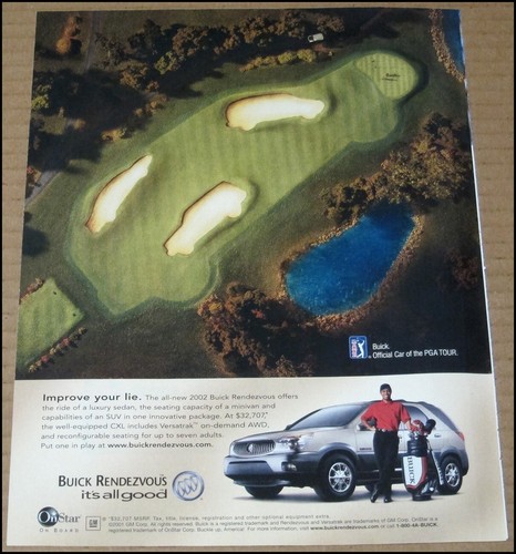 2002 Tiger Woods Buick Rendezvous Print Ad 2001 Car SUV Advertisement ...